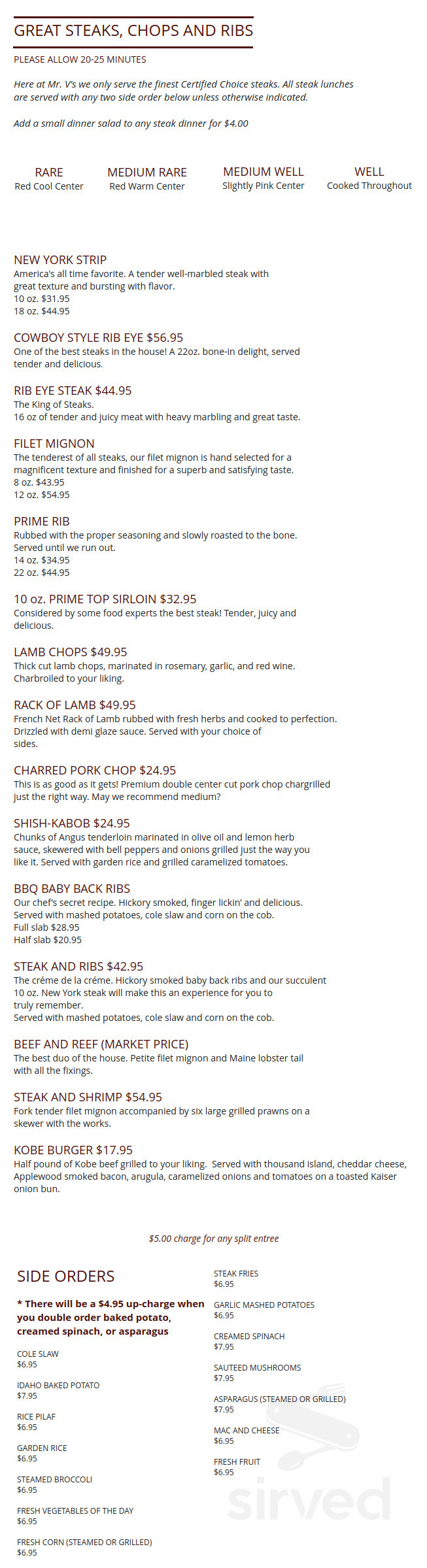 Menu for Mr. V's Bar and Grill in La Mirada, CA | Sirved
