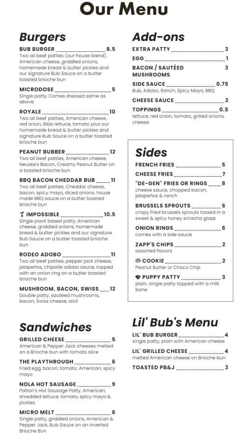 Bub's NOLA menu in New Orleans, Louisiana, USA