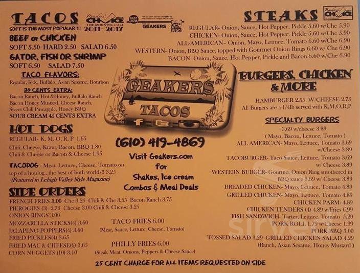 Menu for Geaker's Tacos in Bethlehem, PA | Sirved