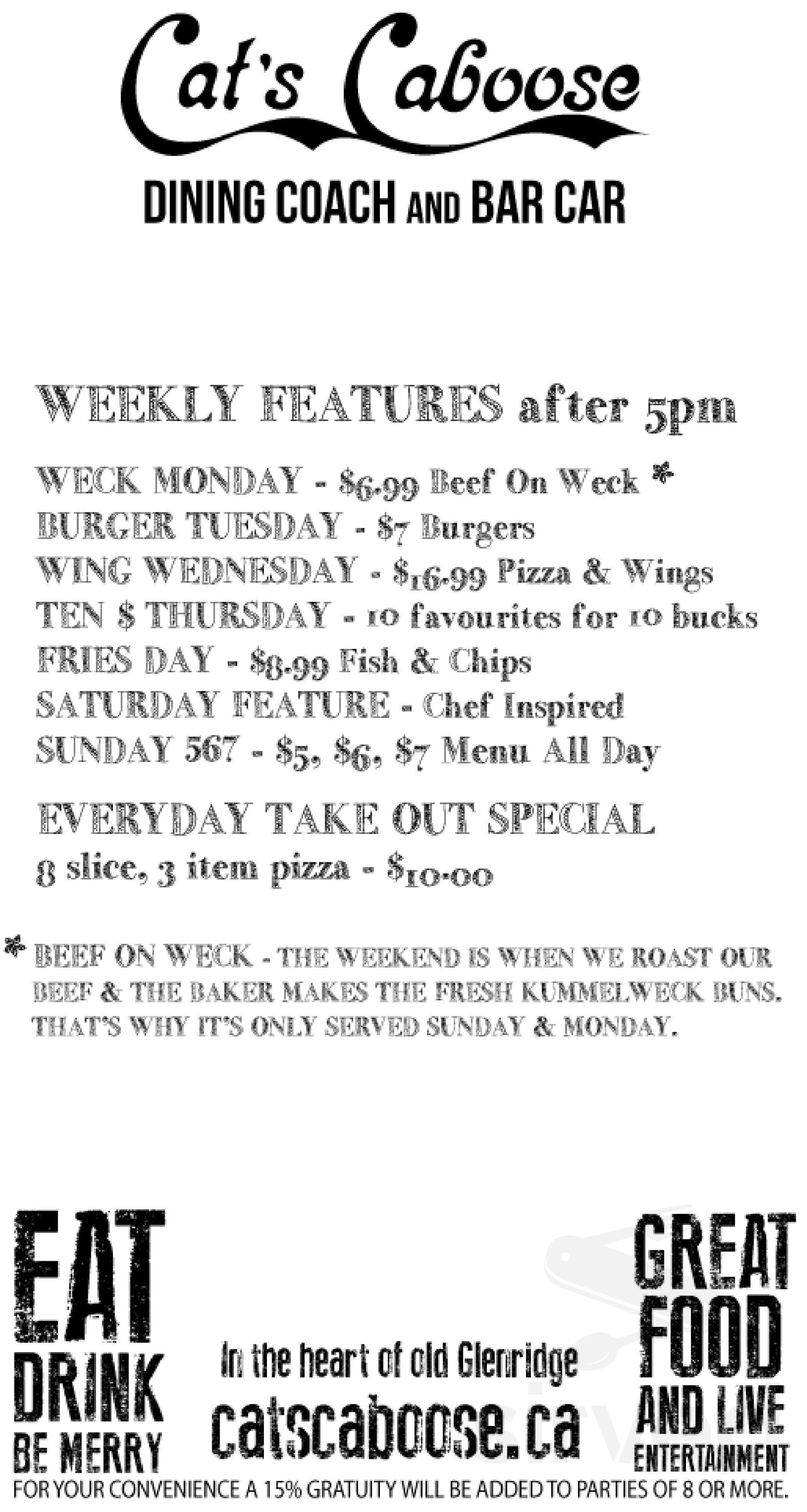 Cat's Caboose menus in St. Catharines, Ontario, Canada