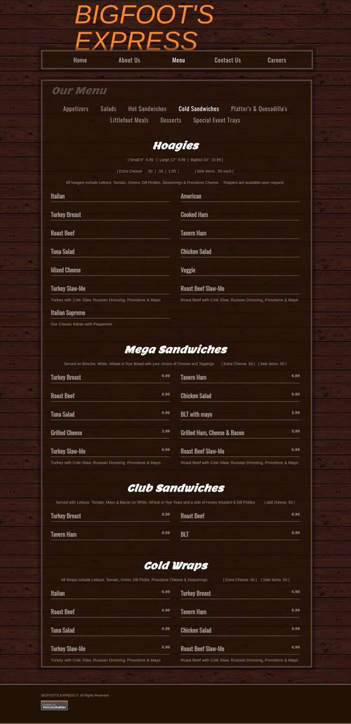 BIGFOOT'S EXPRESS menu in Oxford, Pennsylvania, USA