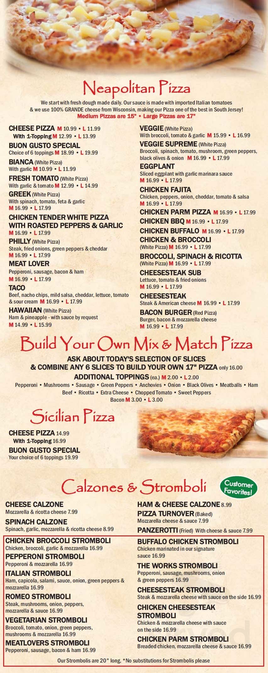 Menu - Dennisville NJ's Buon Gusto Pizza | Sirved