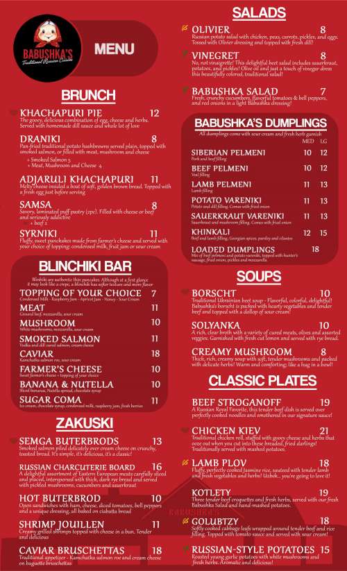 Babushka's - Hyde Park menu in Tampa, Florida, USA