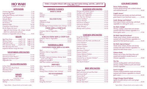 Ho Wah menu in Beachwood, Ohio, USA