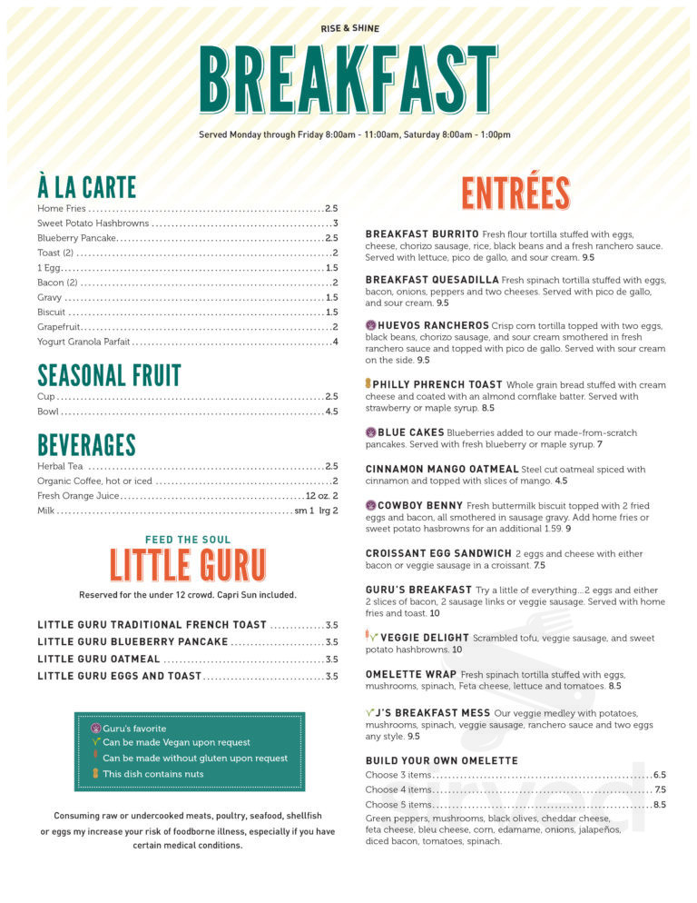 Guru's Cafe menu in Provo, Utah, USA