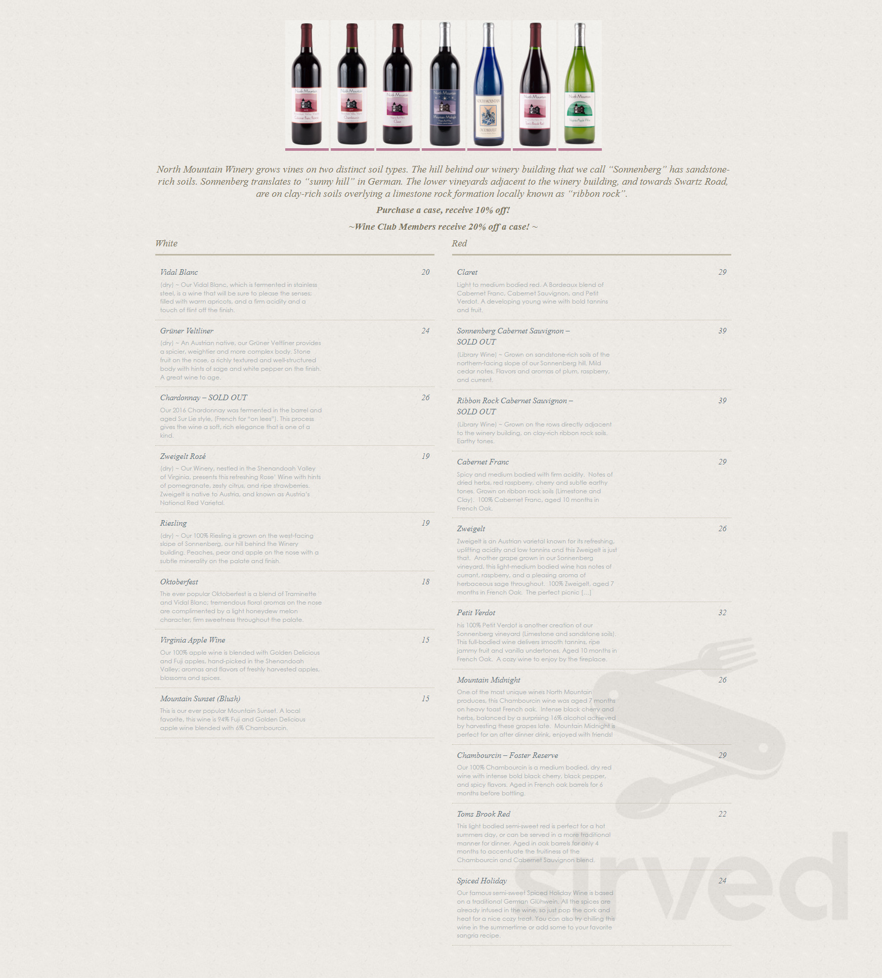 North Mountain Vineyard and Winery menu in Toms Brook, Virginia, USA