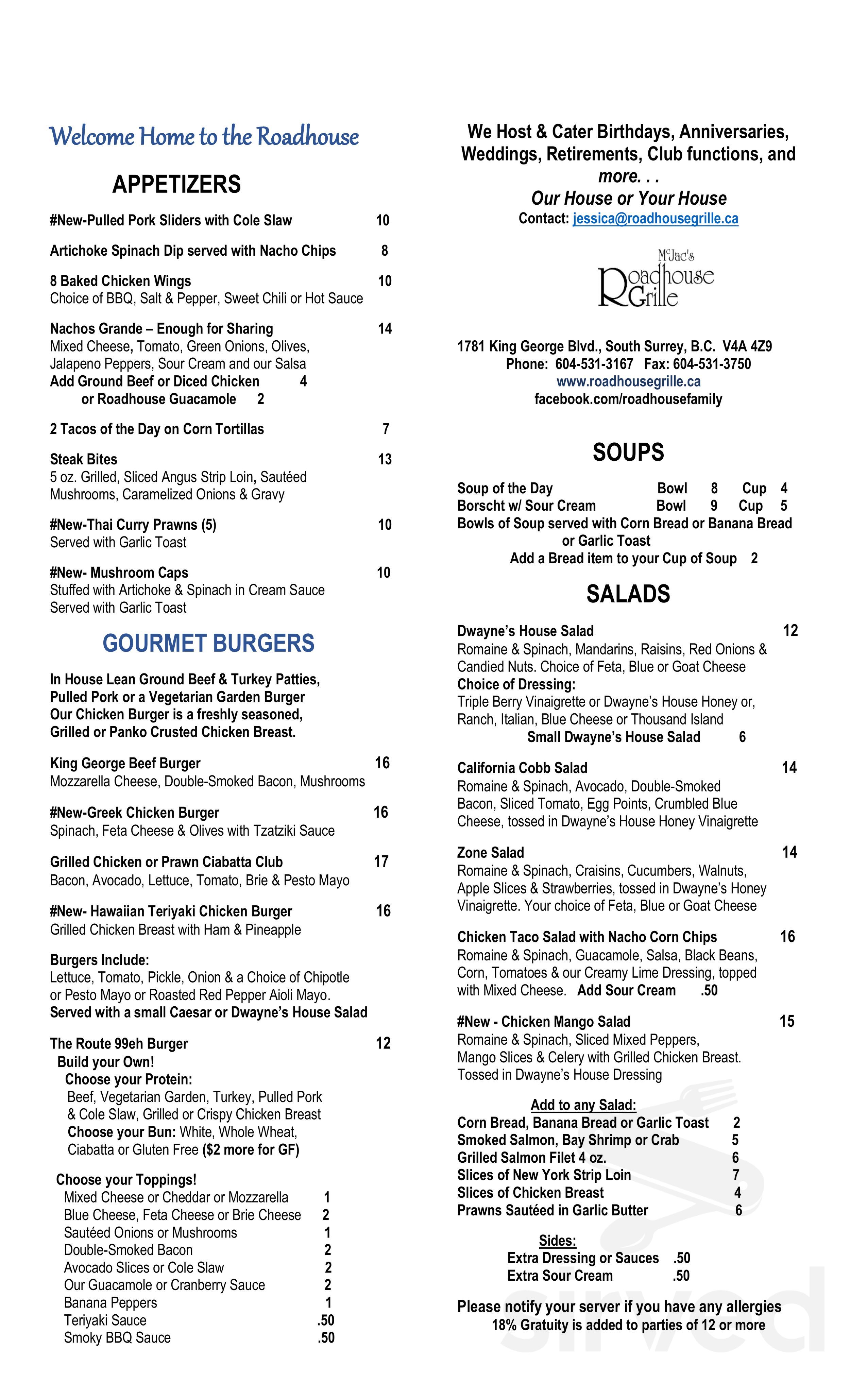 The Roadhouse Grille menu in Surrey, British Columbia, Canada