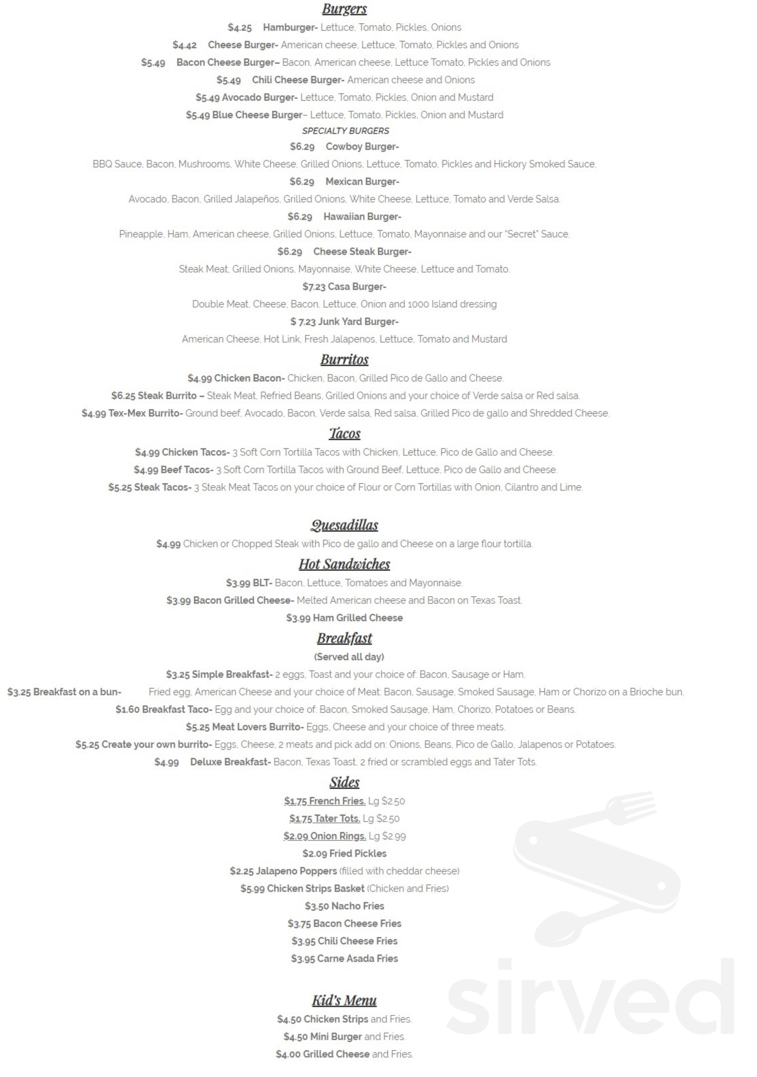 J's Casa Burger menu in River Oaks, Texas, USA