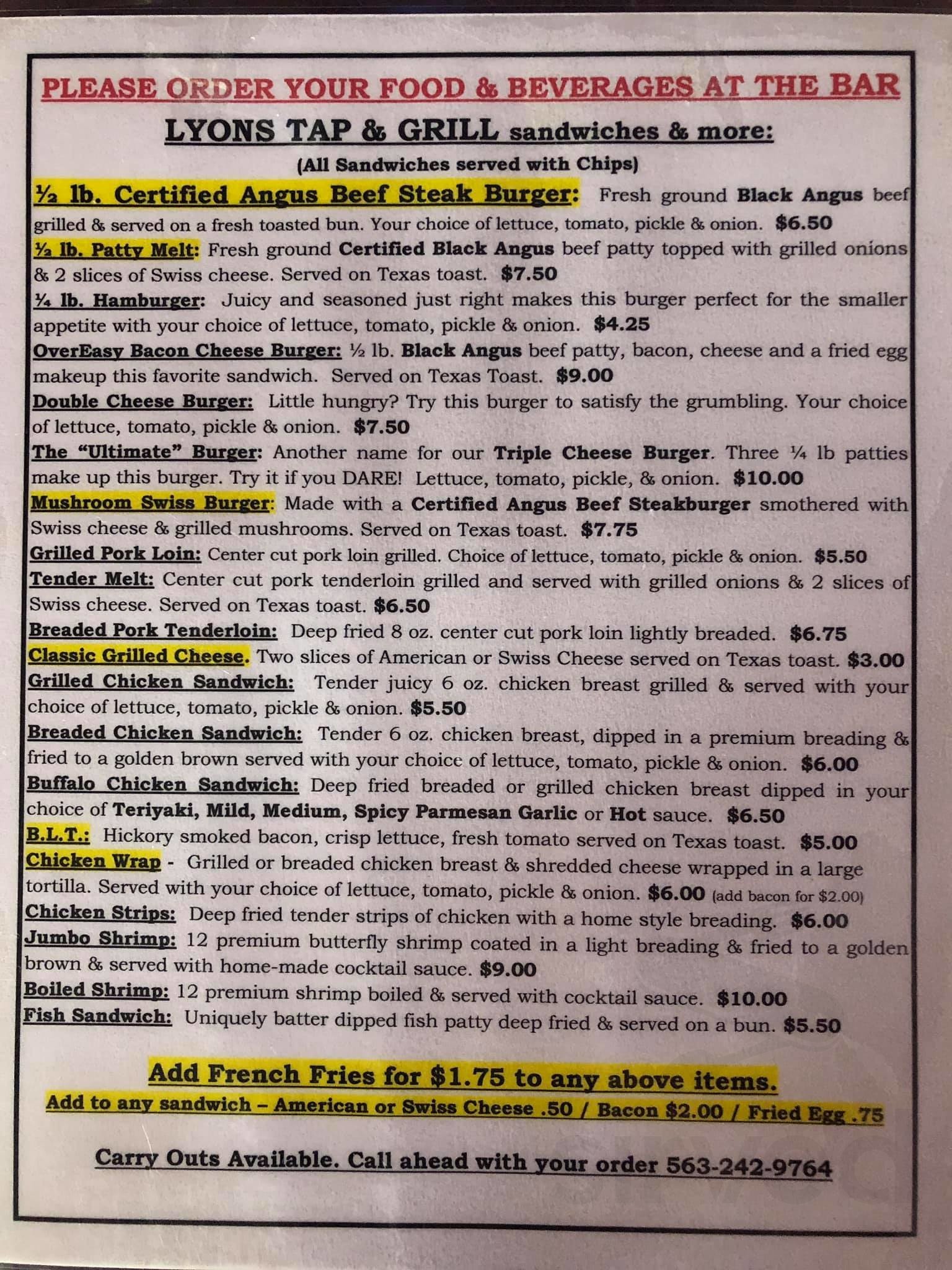 Lyons Tap & Grill menus in Clinton, Iowa, United States