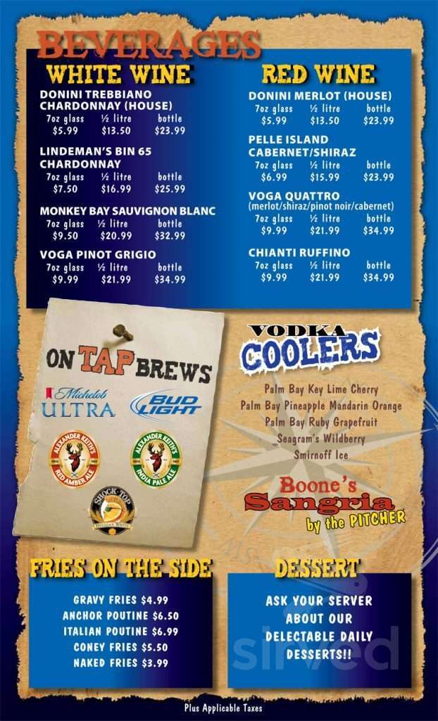 Menu for Blue Anchor in Cornwall, Ontario, Canada