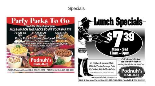Podnuh's BBQ menu in Baton Rouge, Louisiana, USA