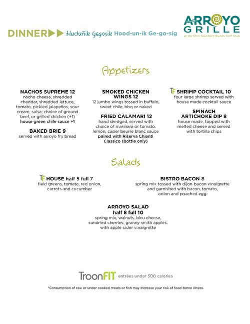 Arroyo Grille menu in Maricopa, Arizona, USA