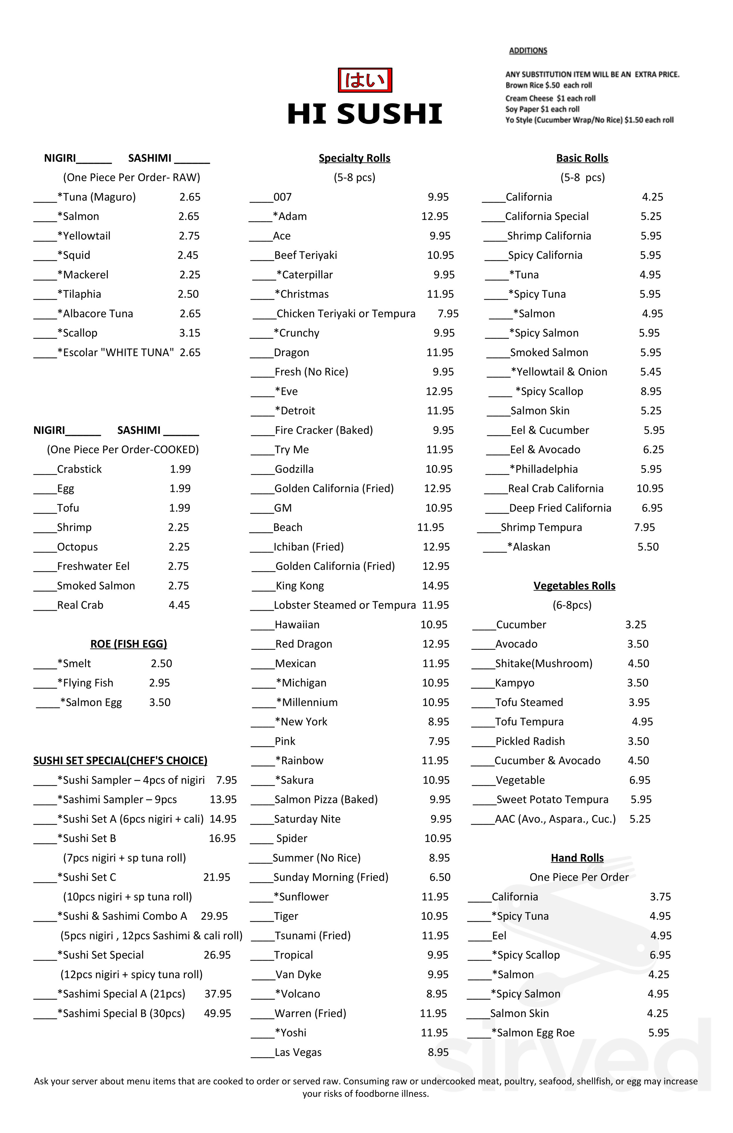 HI Sushi menu in Warren, Michigan, USA