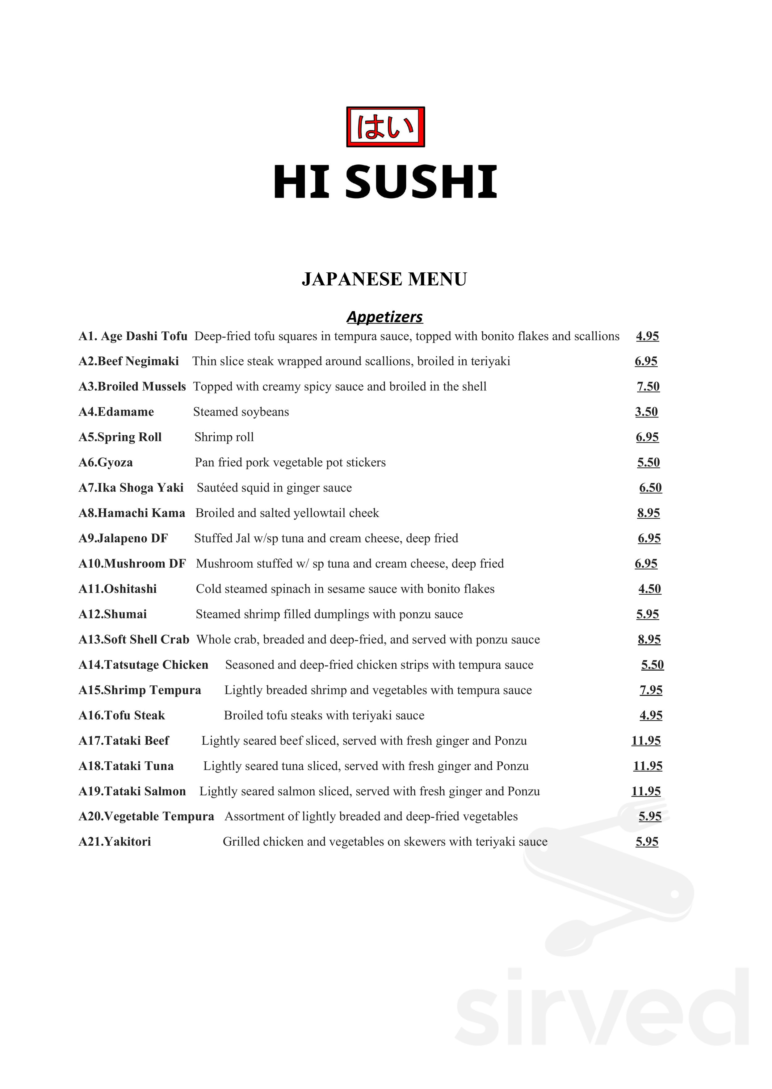 HI Sushi menu in Warren, Michigan, USA