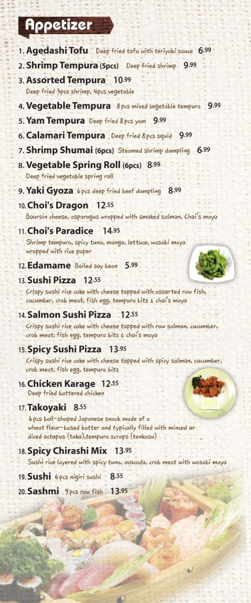 Choi's Sushi menu in Oakville, Ontario, Canada