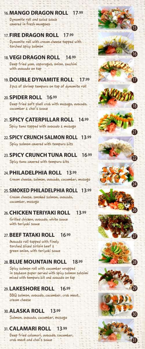 Choi's Sushi menu in Oakville, Ontario, Canada