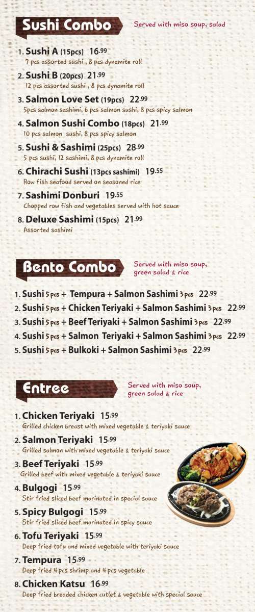 Choi's Sushi menu in Oakville, Ontario, Canada