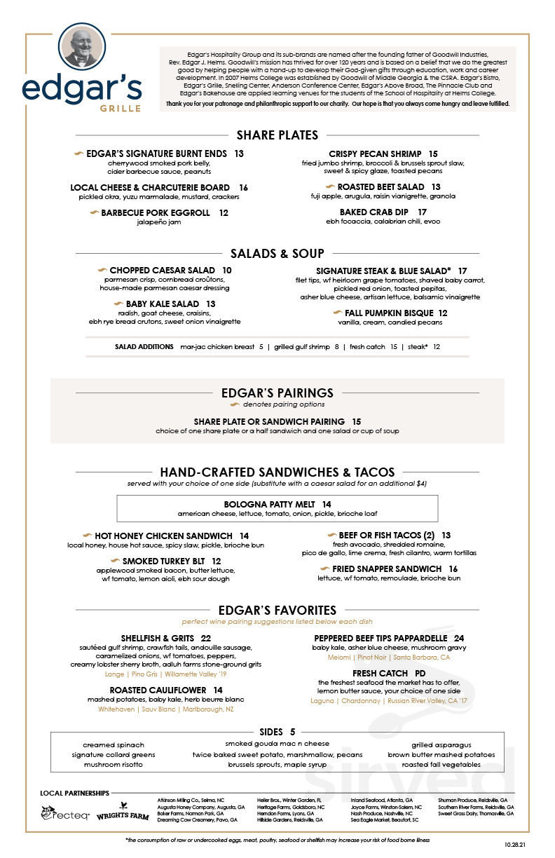 Edgar's Grille menu in Augusta, Georgia, USA