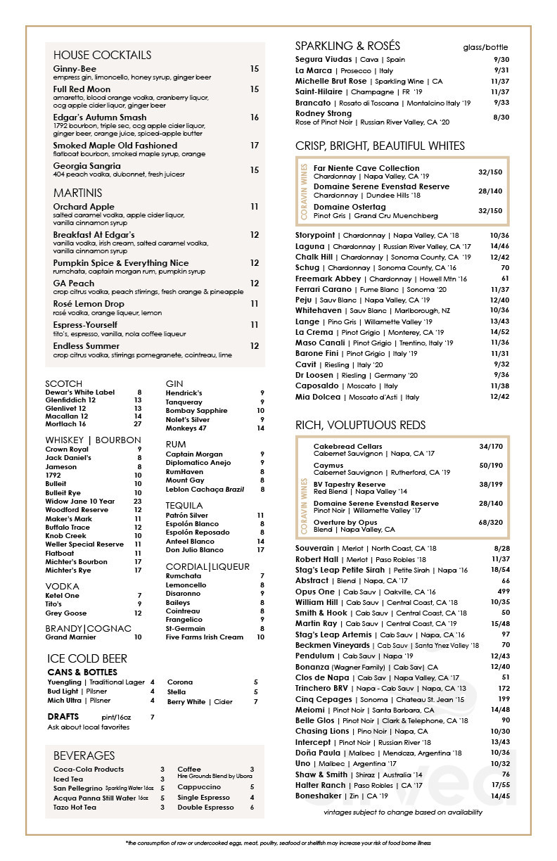 Edgar's Grille menu in Augusta, Georgia, USA