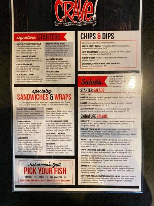 Crave menu in Meraux, Louisiana, USA