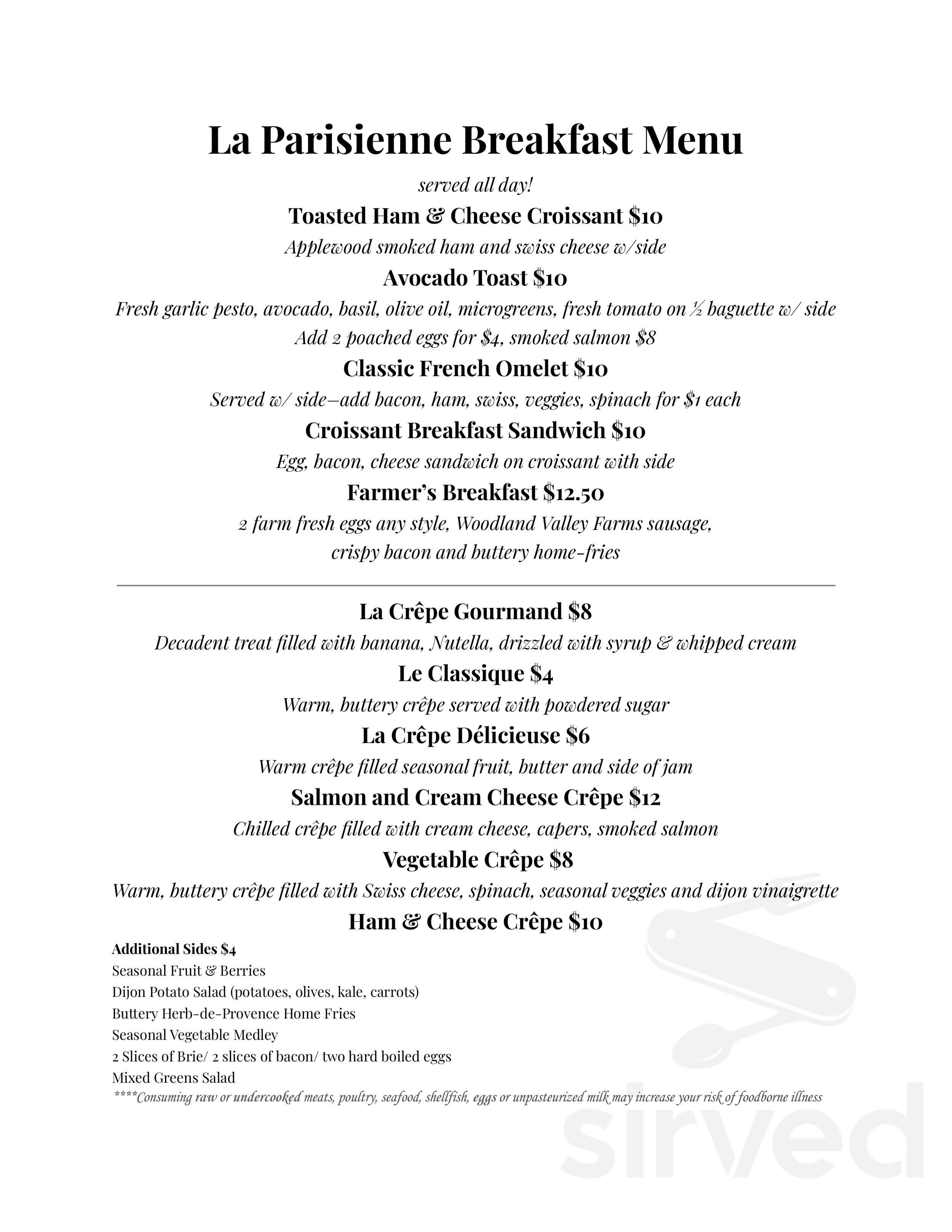 Menu for La Parisienne French restaurant and bakery in Aiken, SC | Sirved