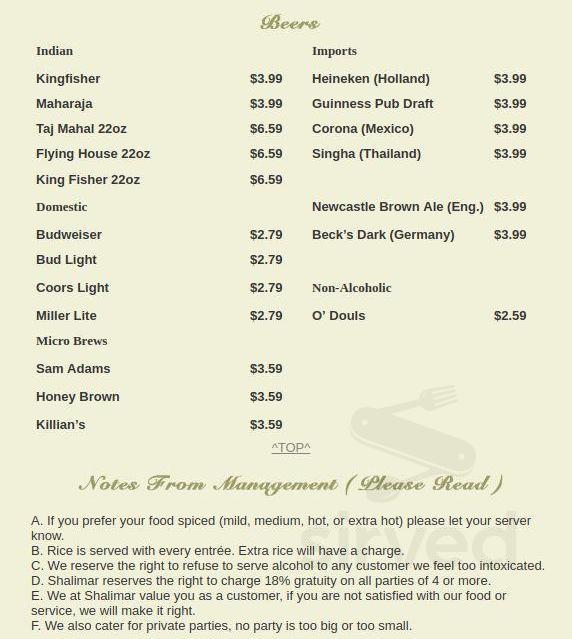 Shalimar Indian Restaurant menu in Indianapolis, Indiana, USA