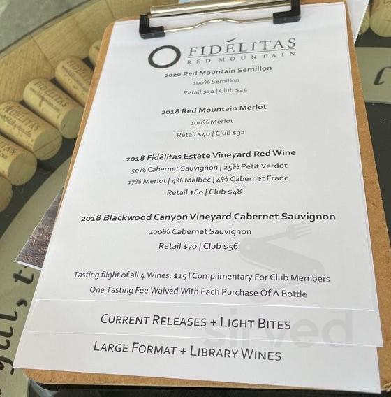 Fidélitas menu in Woodinville, Washington, USA