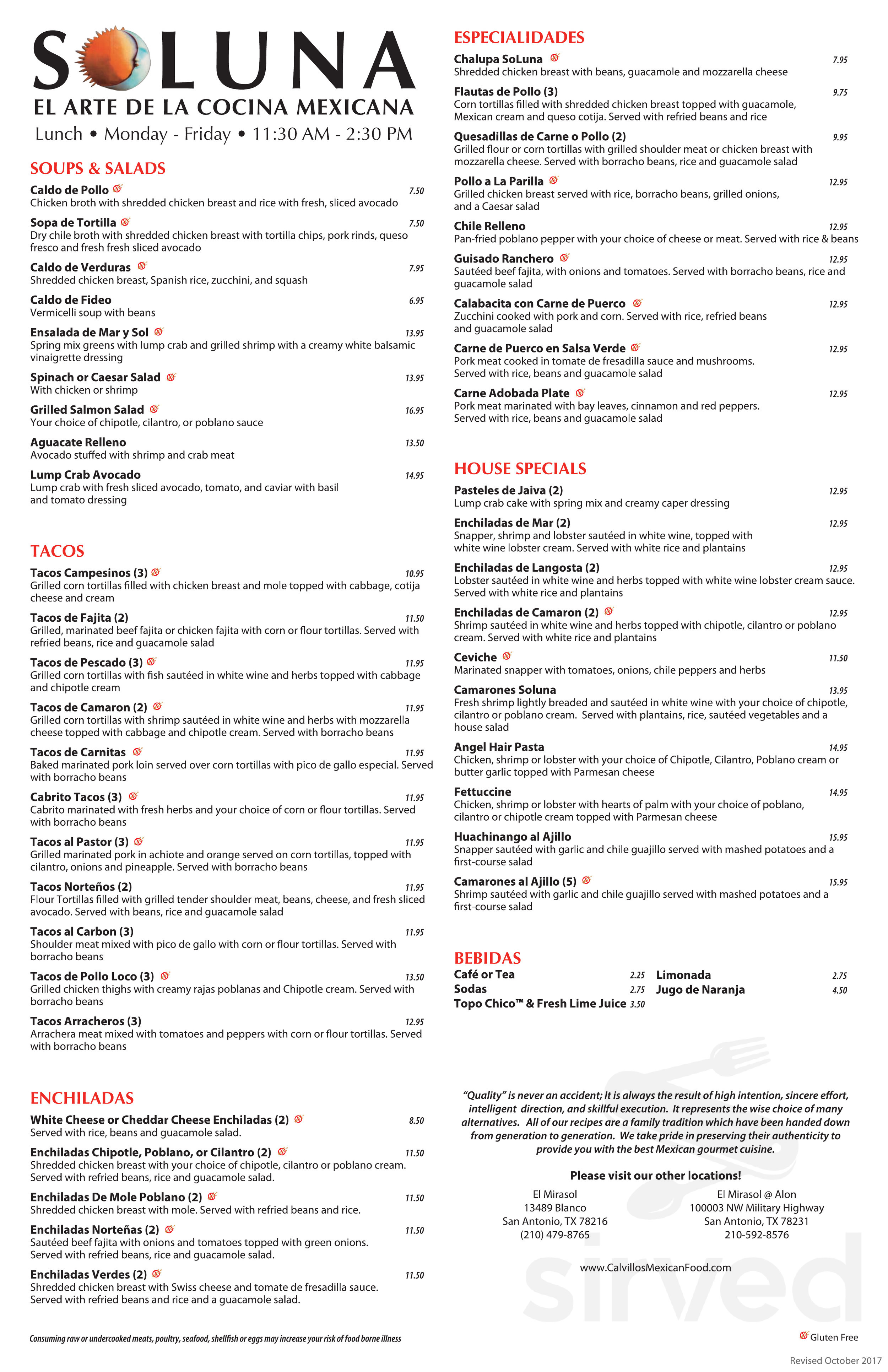 Soluna menu in San Antonio, Texas, USA