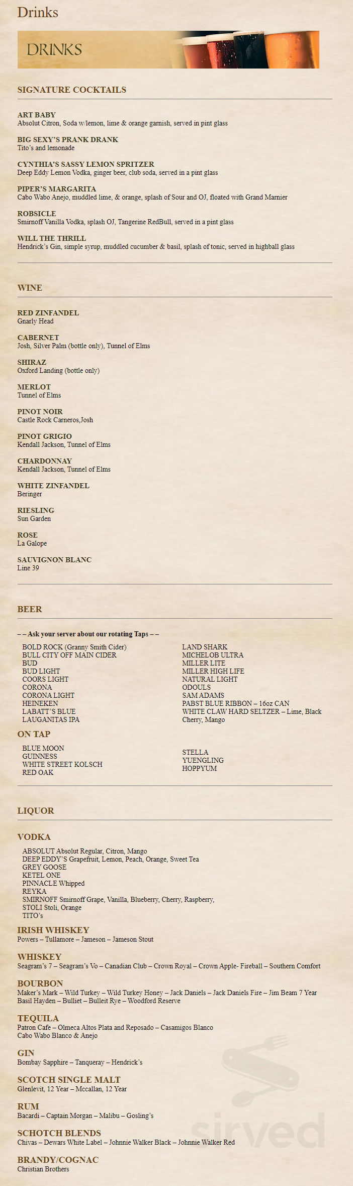 The Piper's Restaurant and Tavern menu in Raleigh, North Carolina, USA