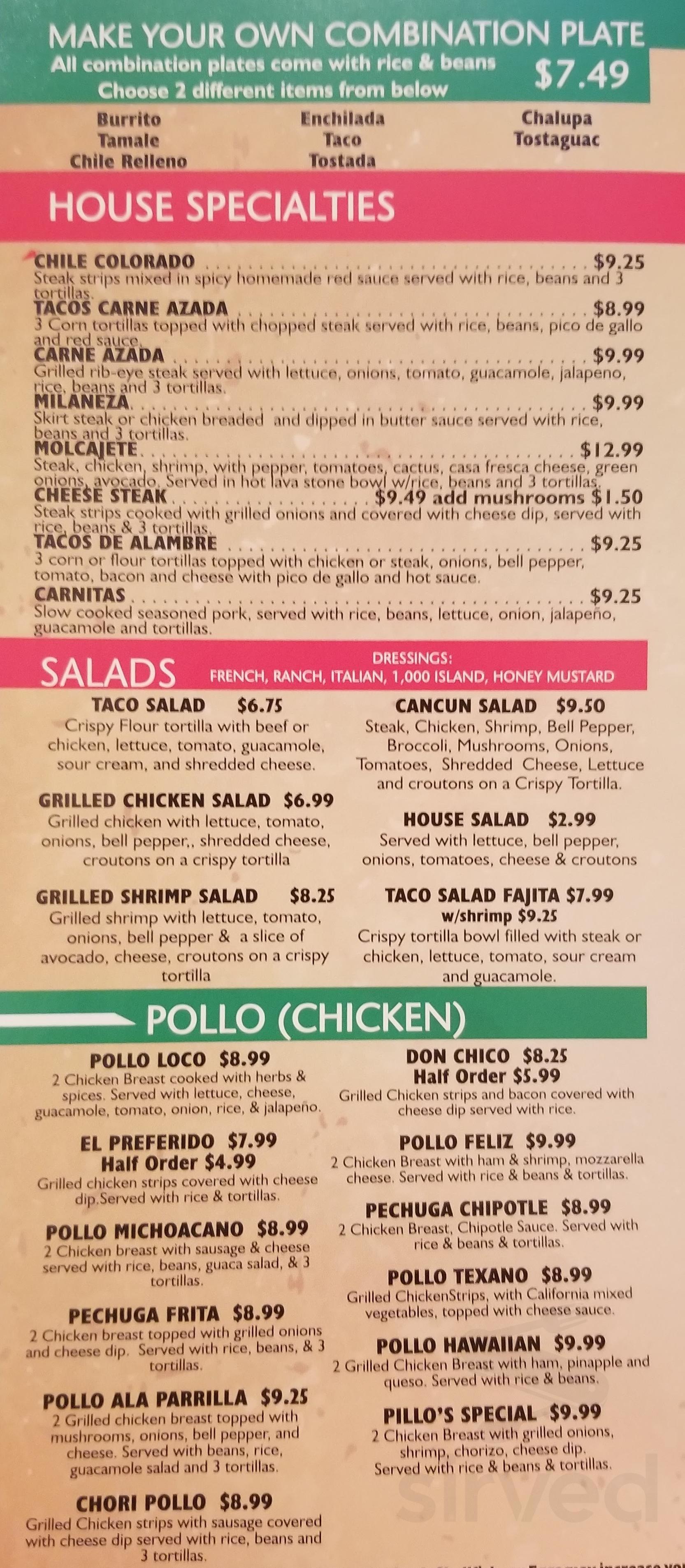 El Potrillo Mexican Restaurant menu in Savannah, Tennessee, USA