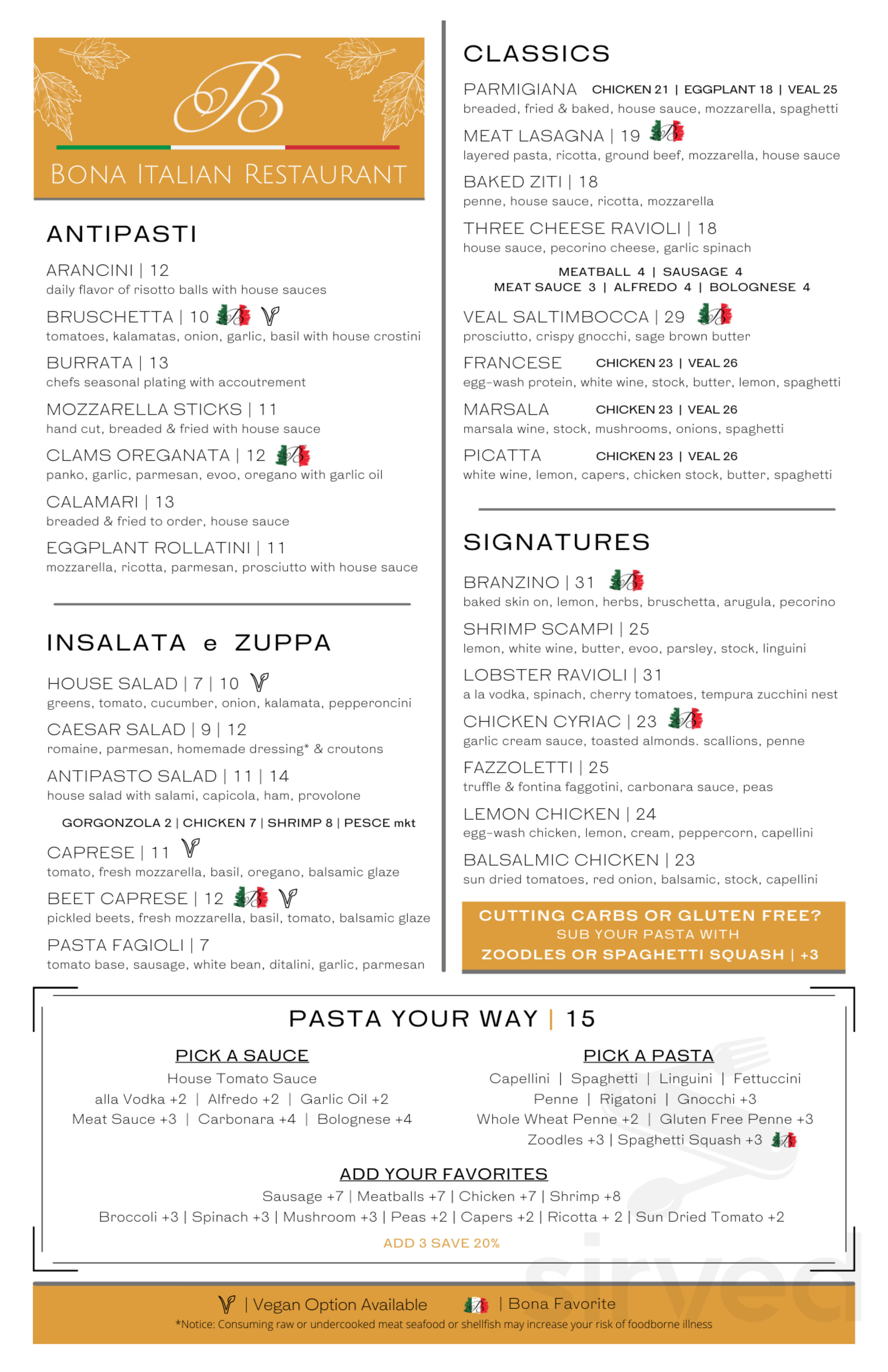 Menu for Bona Italian Restaurant in Wilton Manors, FL | Sirved