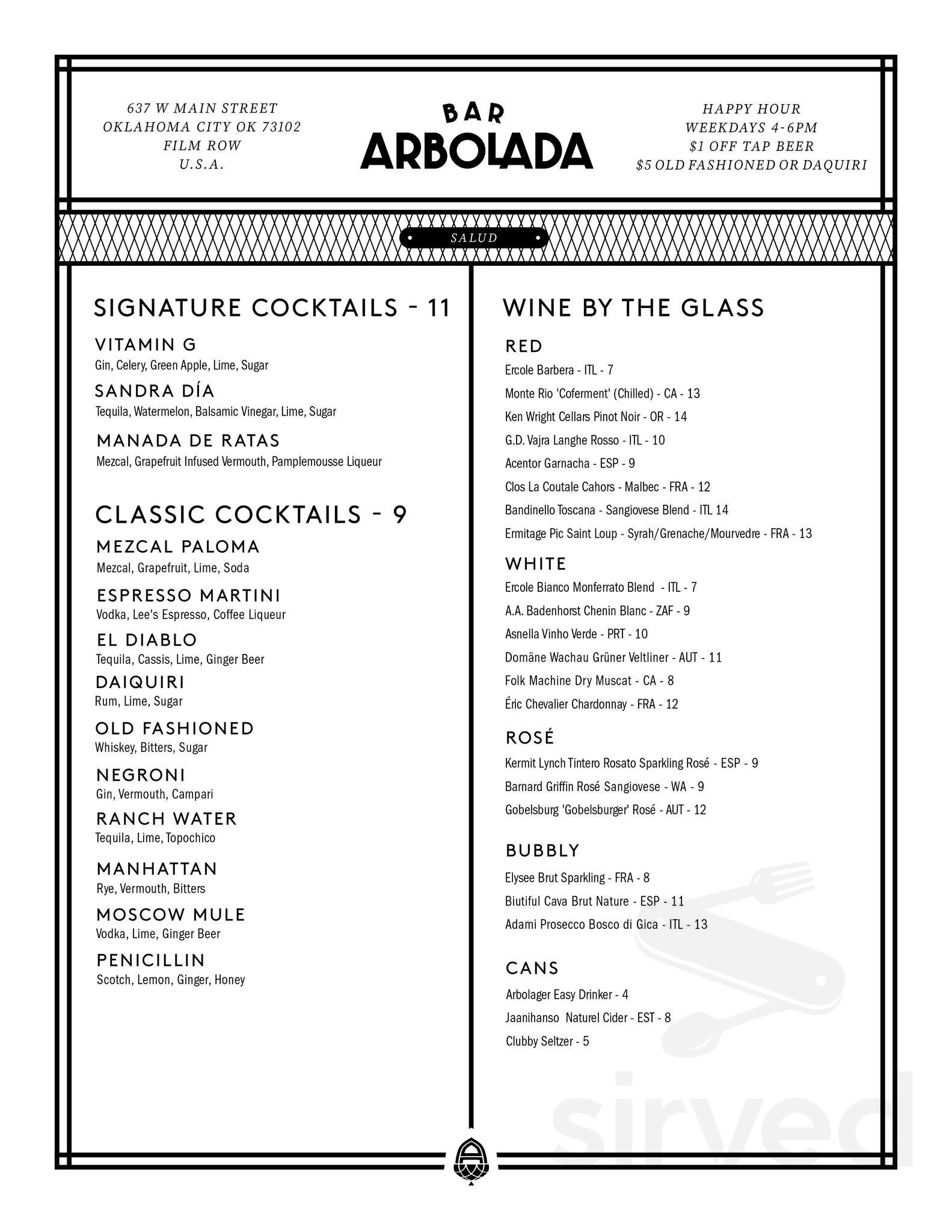 Menu for Bar Arbolada in Oklahoma City, OK | Sirved