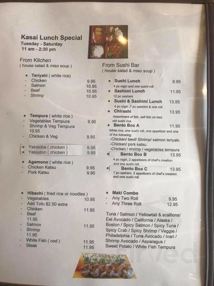 Kasai Japanese Restaurant menu in Uniontown, Ohio, USA