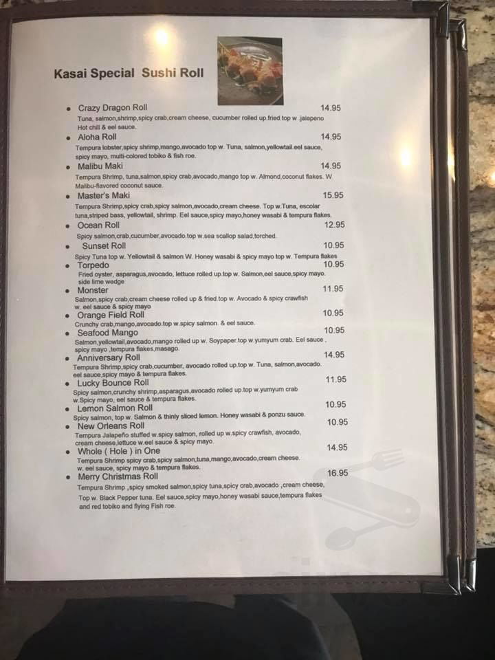 Kasai Japanese Restaurant menu in Uniontown, Ohio, USA