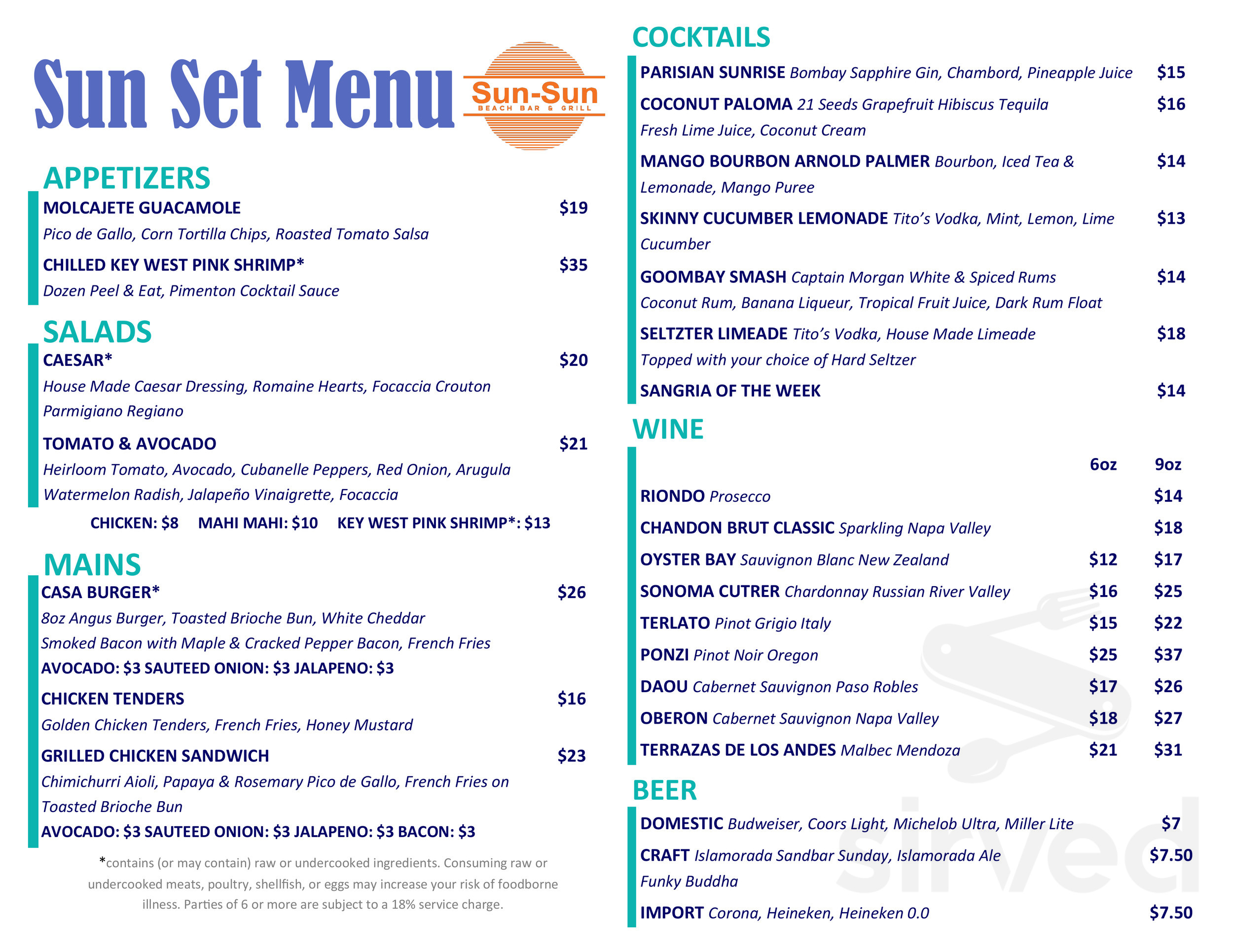 Sun Sun Beach Bar & Grill menu in Key West, Florida, USA