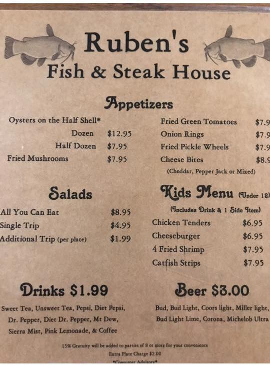 Ruben's Fish and Steak House menu in Columbus, Mississippi, USA