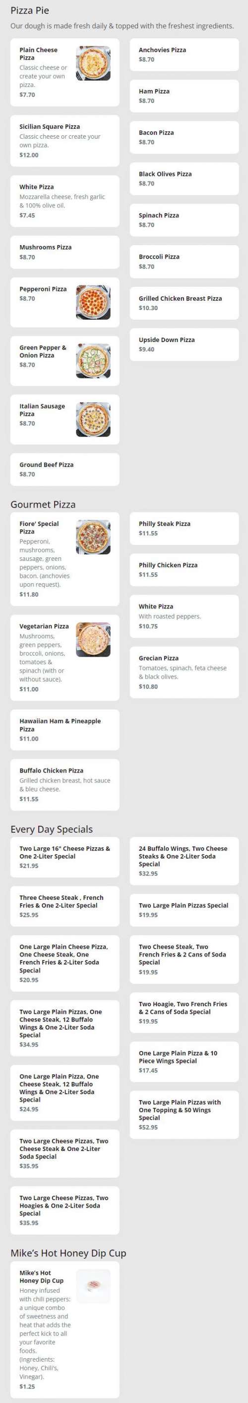 Fiore Pizza menu in Philadelphia, Pennsylvania, USA