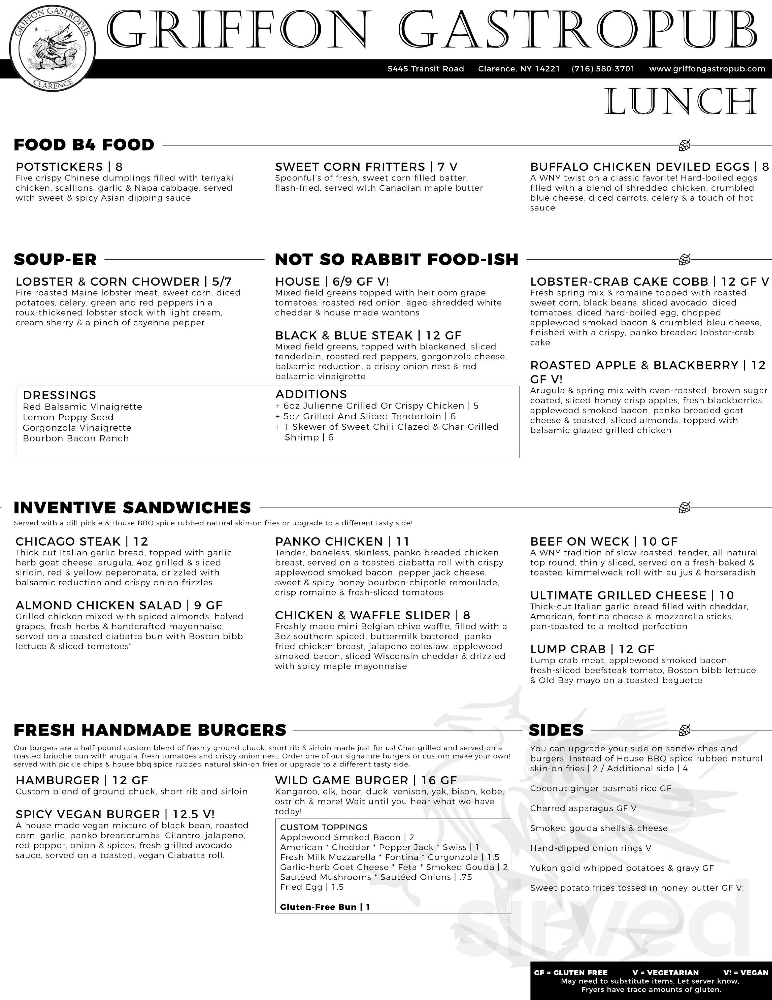 Griffon Gastropub menu in Williamsville, New York, USA