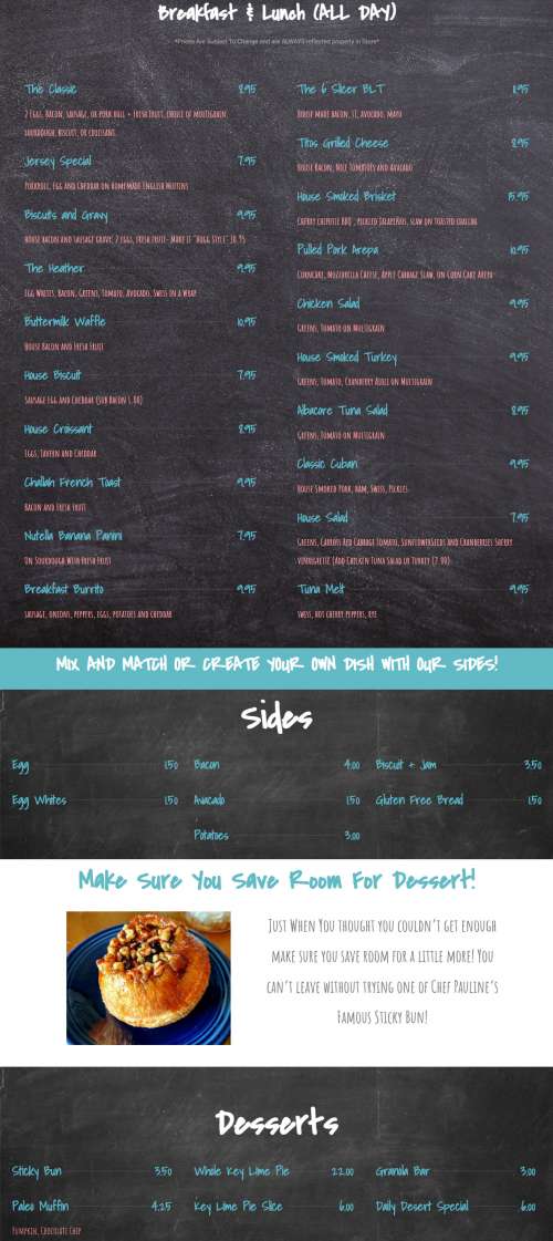 The Sticky Bun menu in Deerfield Beach, Florida, USA