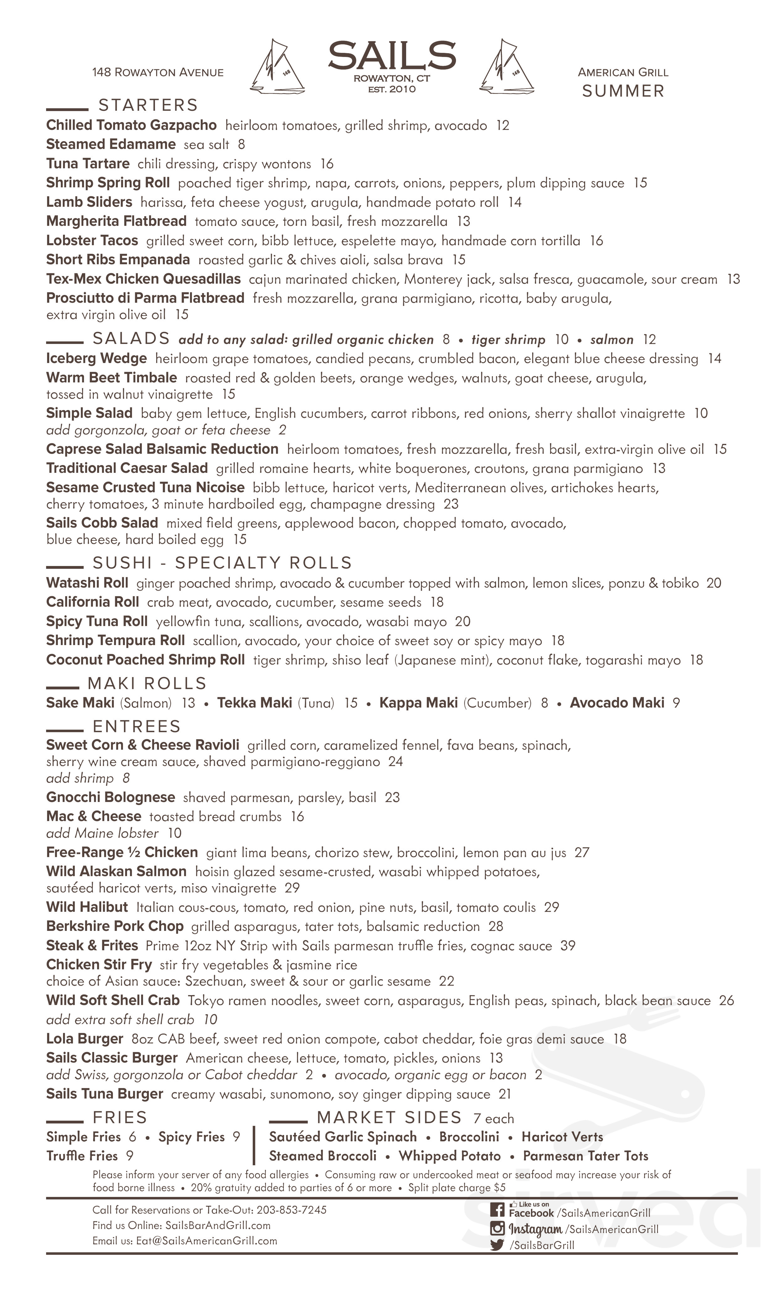 Menu - Norwalk CT's Sails American Grill | Sirved