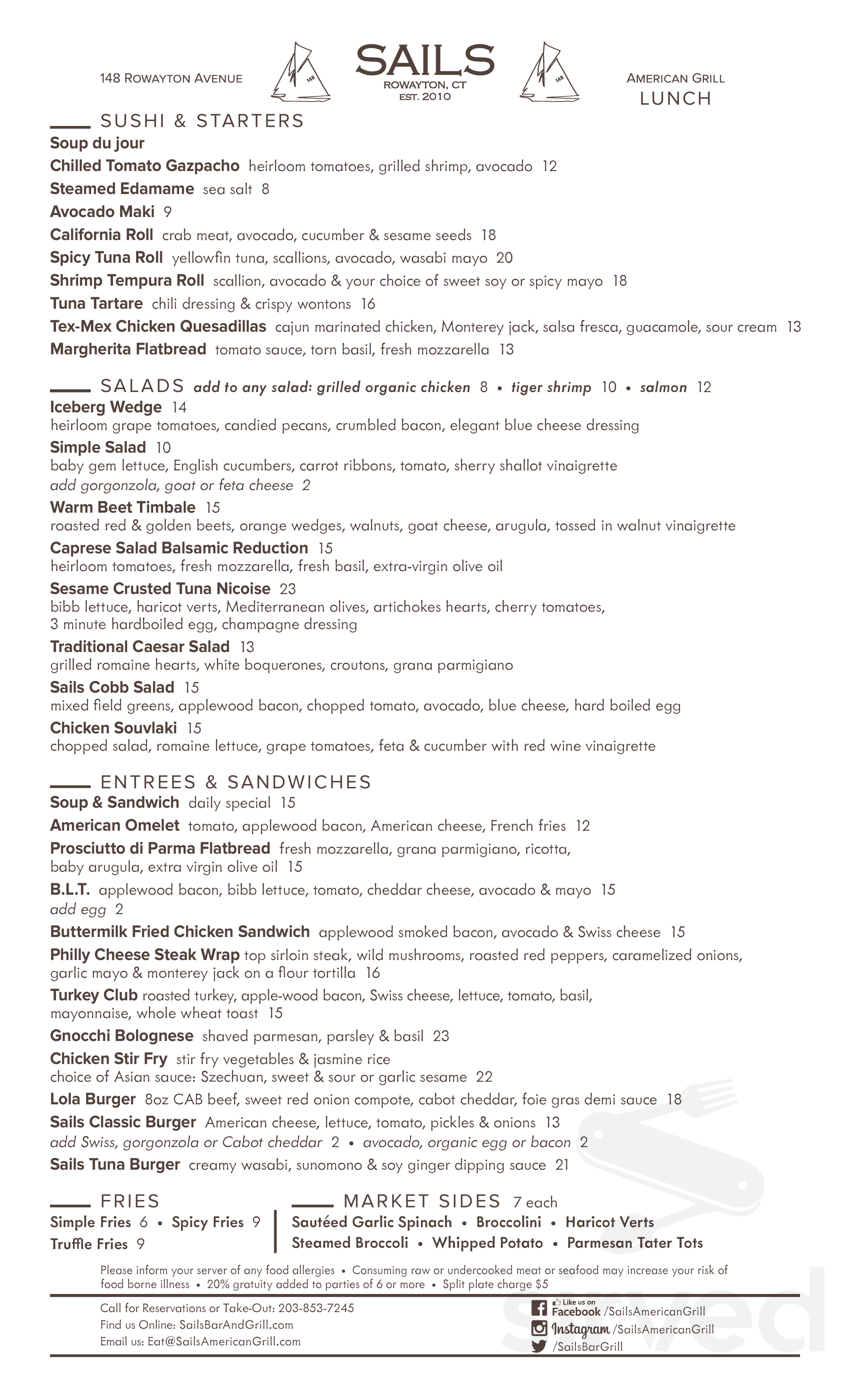 Menu - Norwalk CT's Sails American Grill | Sirved