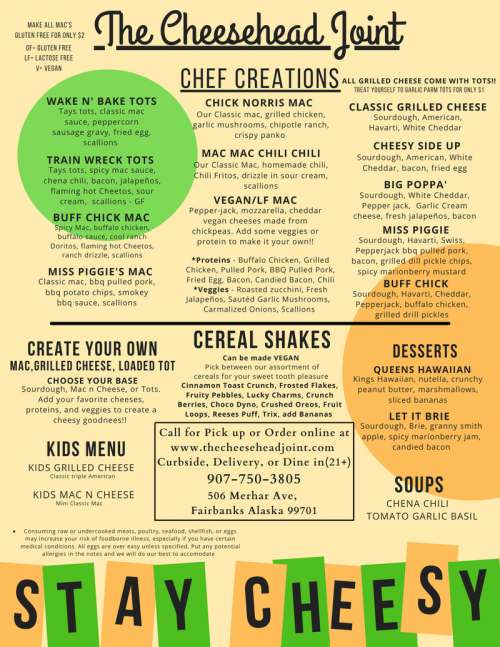 The Cheesehead Joint menu in Fairbanks, Alaska, USA