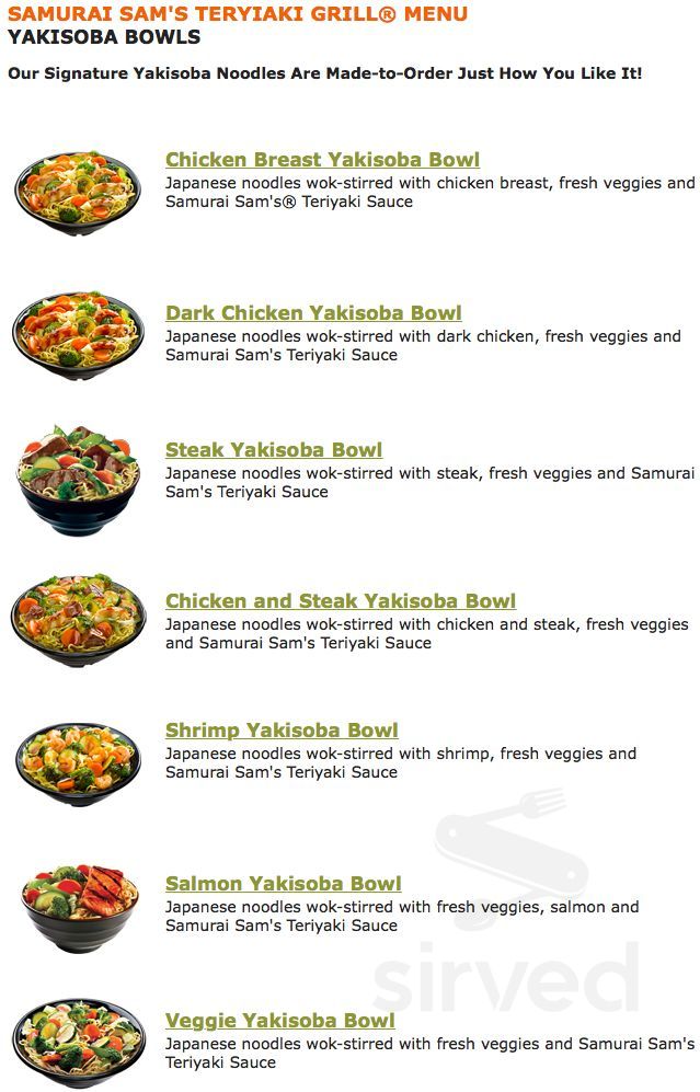 Samurai Sam's menu in Phoenix, Arizona, USA