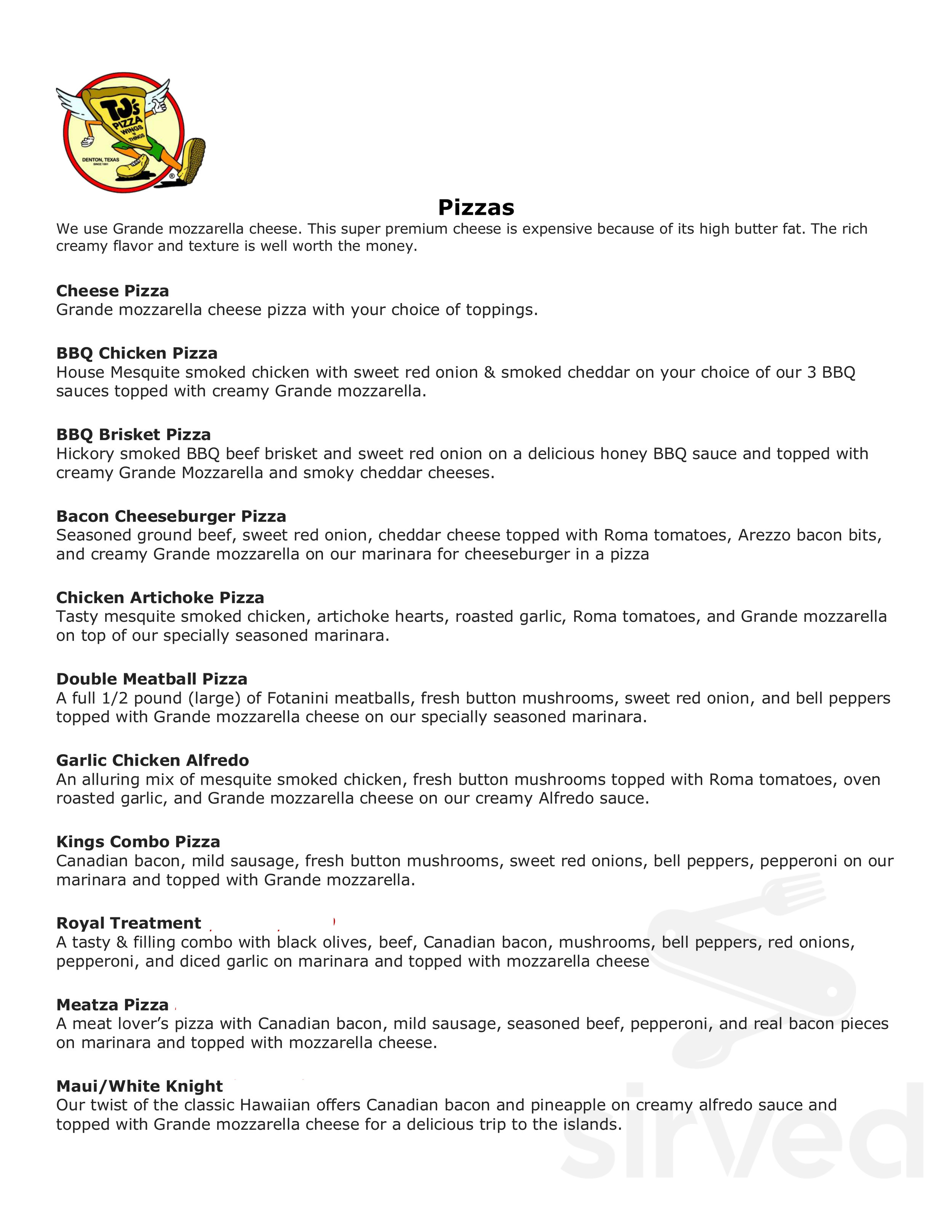 Tj's Pizza menu in Denton, Texas, USA