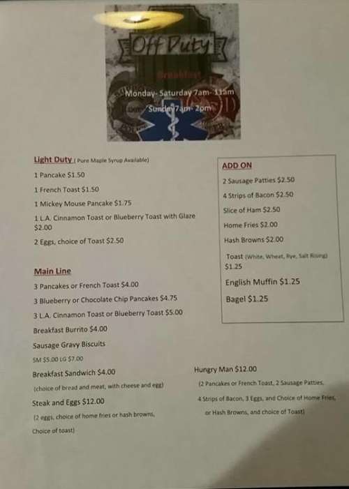 Off Duty, Inc. menu in Belmont, New York, USA