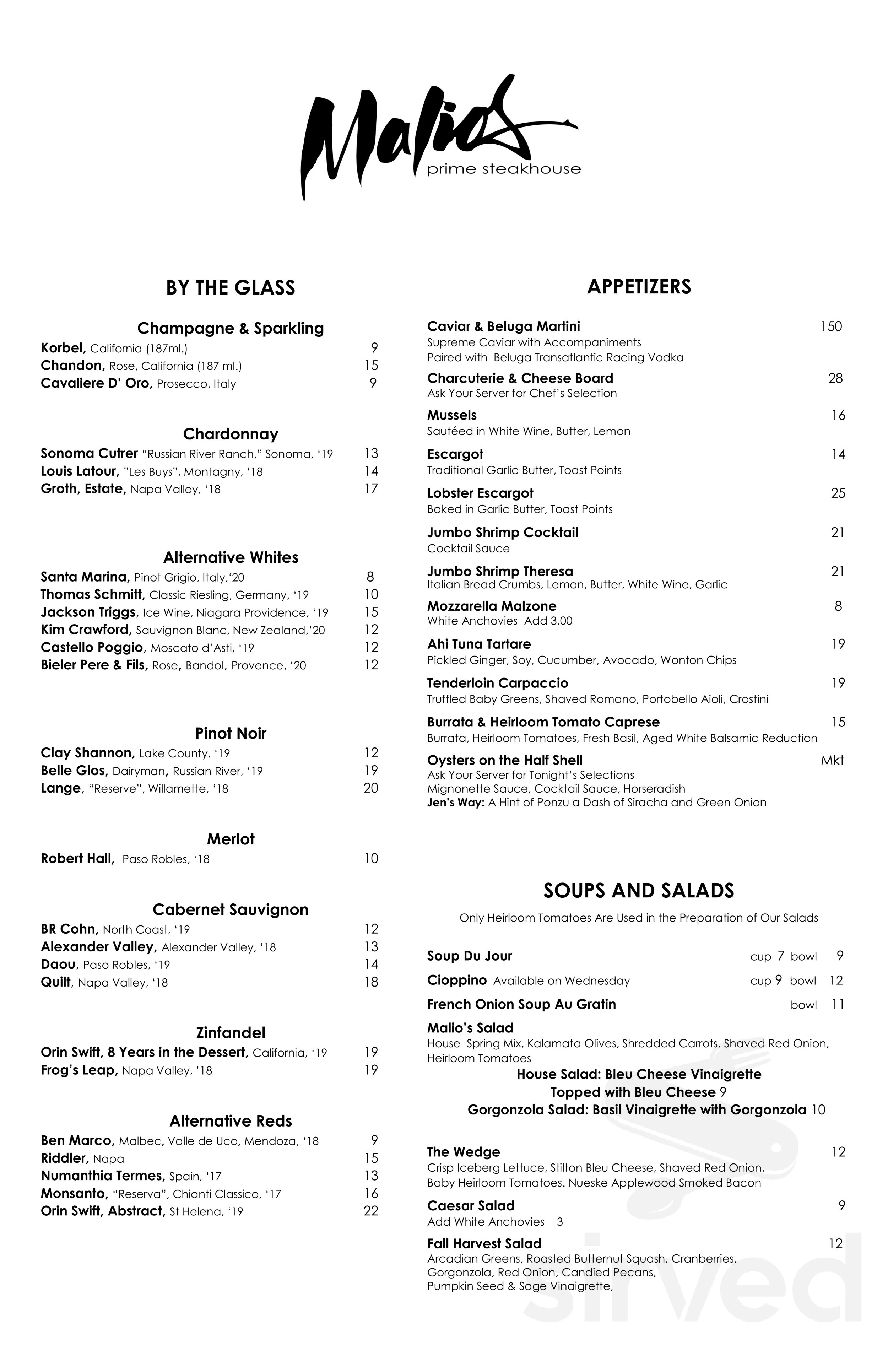 Malio's menu in Tampa, Florida, USA