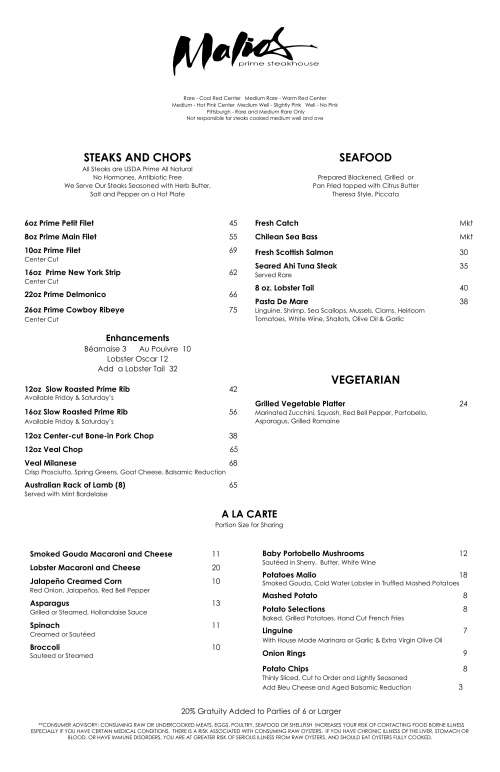 Malio's menu in Tampa, Florida, USA
