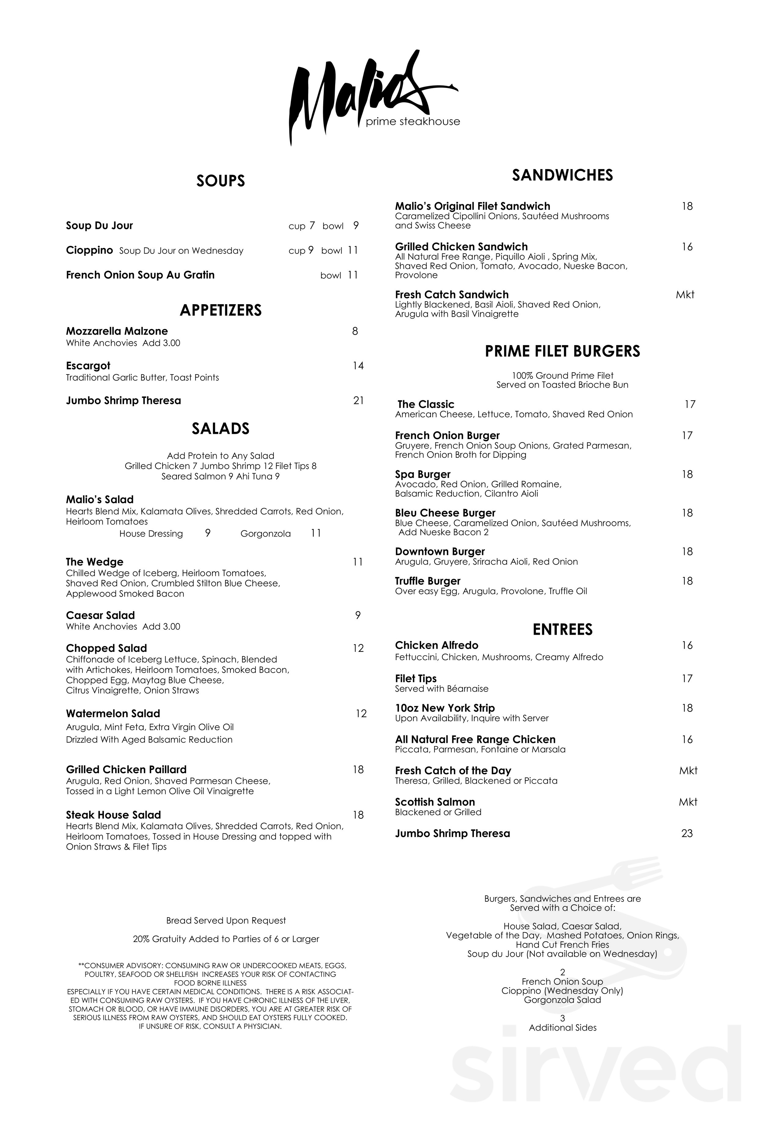 Malio's menus in Tampa, Florida, United States