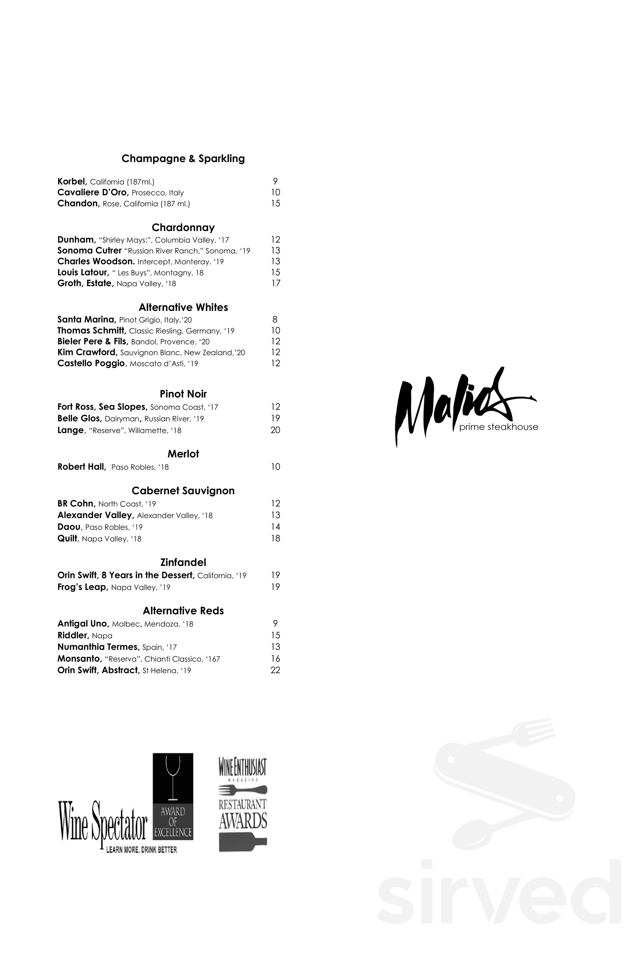 Malio's menu in Tampa, Florida, USA