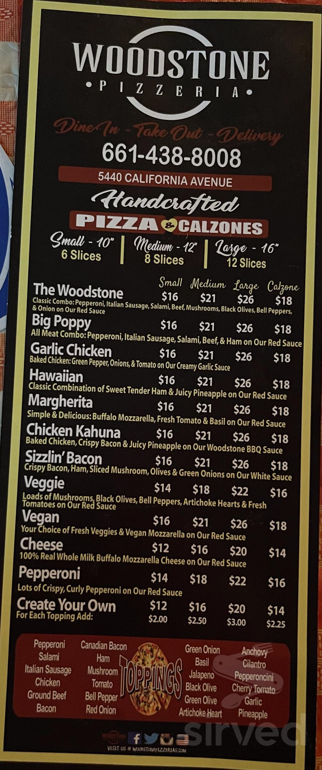 Woodstone Pizzerias menu in Bakersfield, California, USA